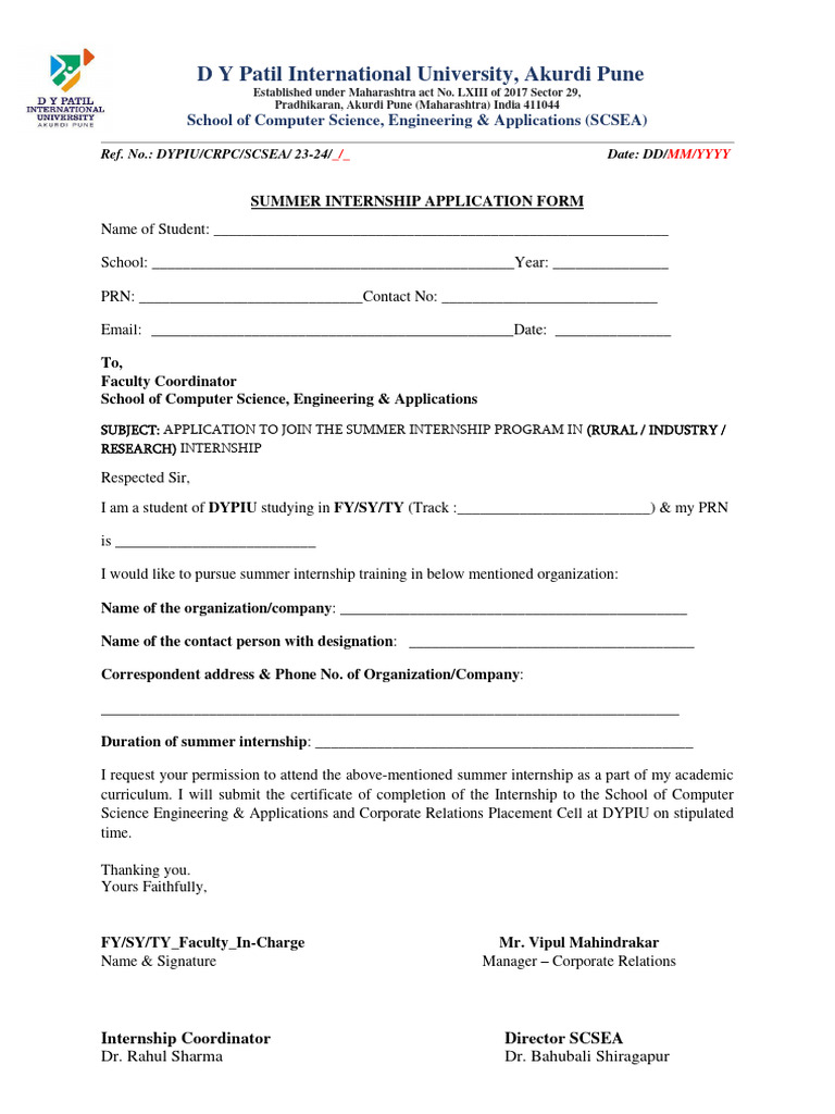 Internship Application Form Pdf
