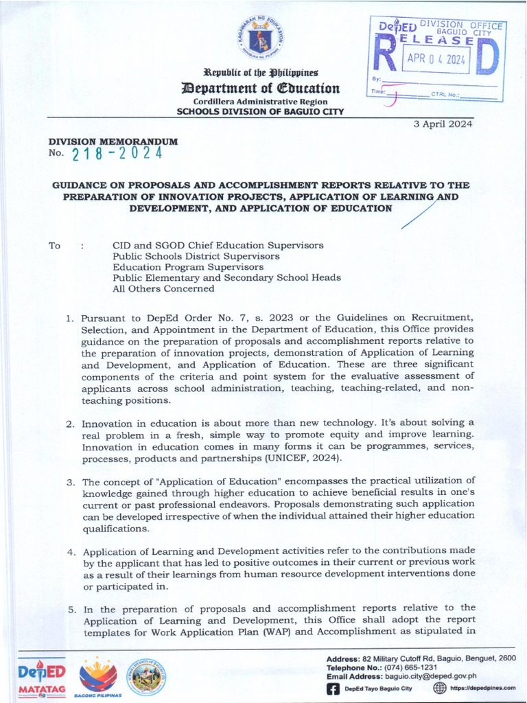 Division Memorandum No. 218 S. 2024 - 0001 | PDF
