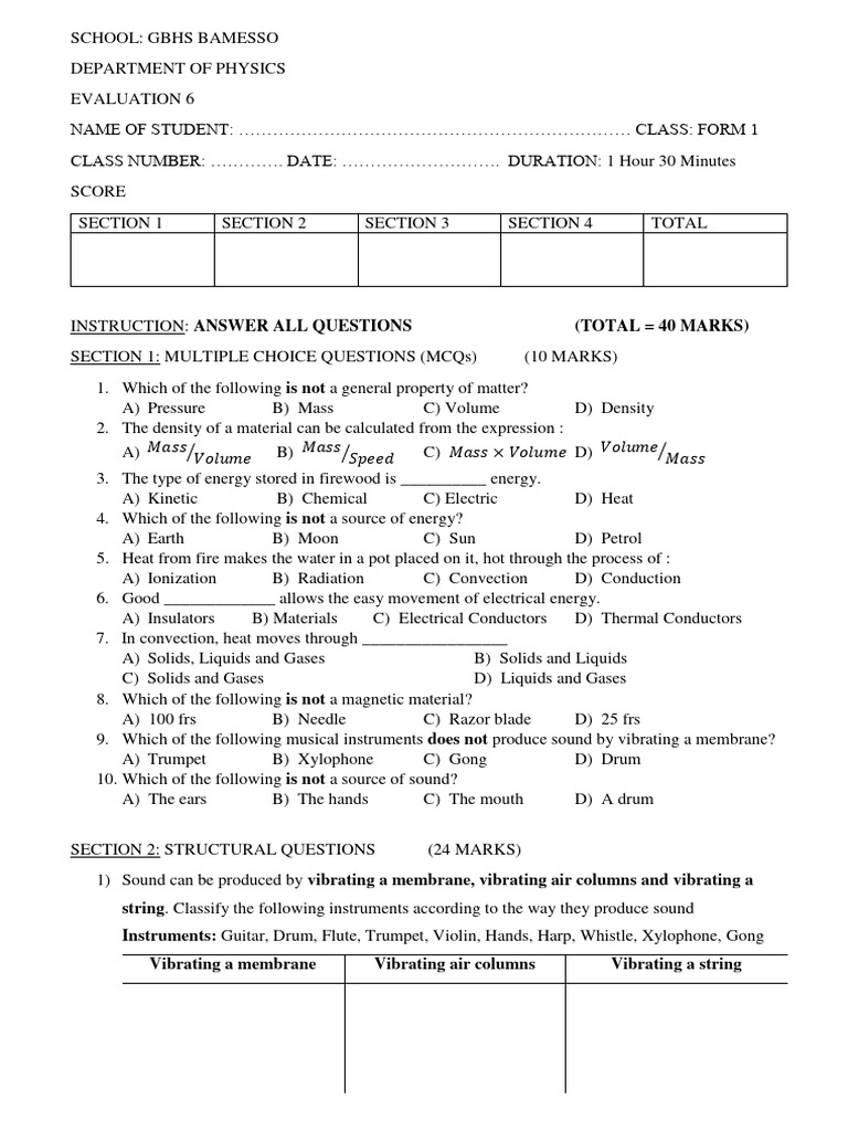 GBHS Bamesso Physics Evaluation Form 1 | PDF | Musical Instruments | Solid