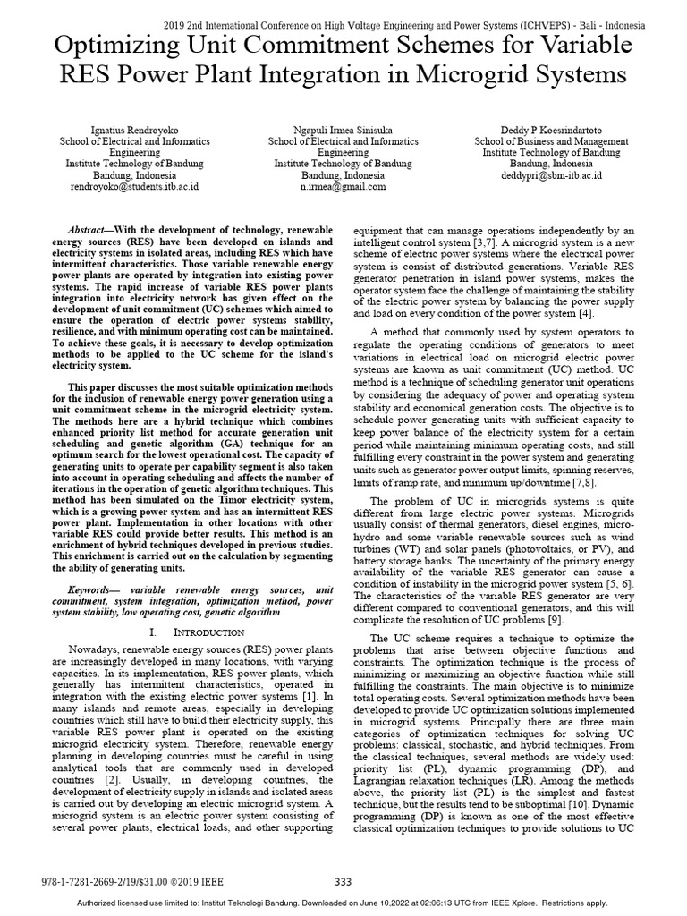 Optimizing Unit Commitment Schemes For Variable RES Power Plant Integration in Microgrid Systems ...