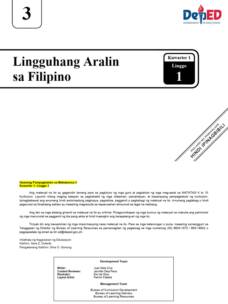 Lingguhang Aralin Sa Filipino: Linggo | PDF