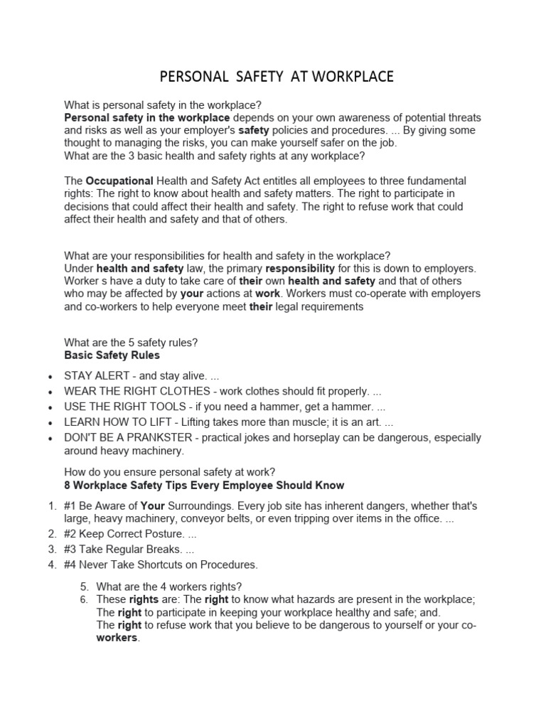 Day 2 Personal Safety at Workplace | PDF