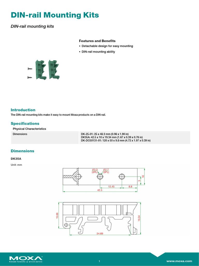 Moxa Din Rail Mounting Kits Datasheet v1.0 | PDF