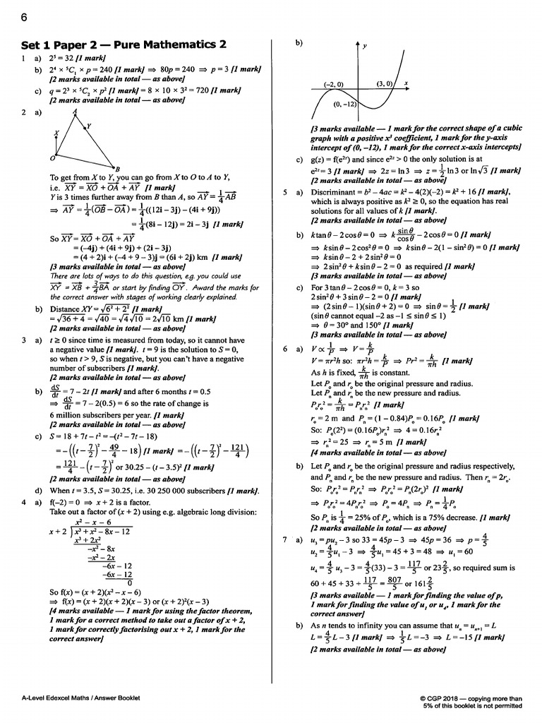 CGP Practice Set 1 Mathematics A Level Paper 2 Pure Mathematics 2 Mark Scheme | PDF ...