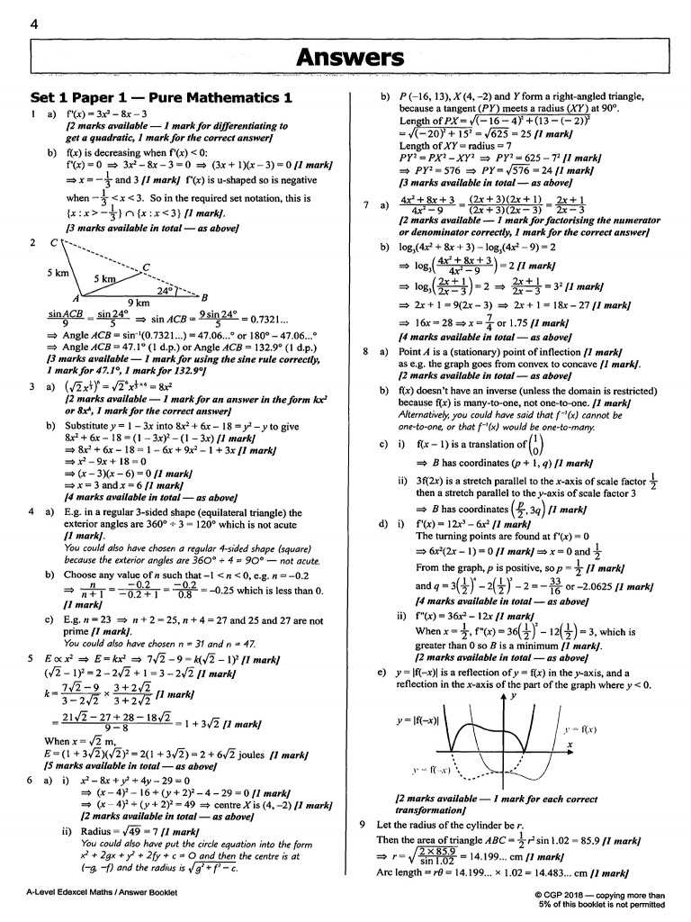 CGP Practice Set 1 Mathematics A Level Paper 1 Pure Mathematics 1 Mark ...
