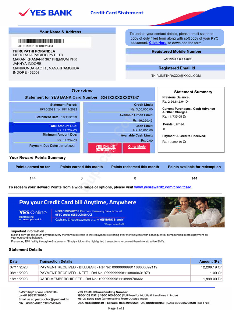 YES Bank Credit Card Statement Summary | PDF | Credit Card | Service ...
