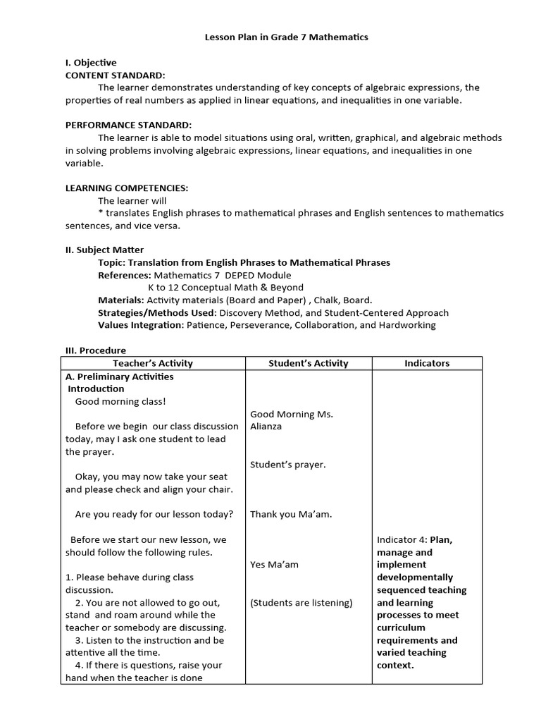 Lesson Plan in Grade 7 Mathematics 6 - Translate ENglish Phrases To ...