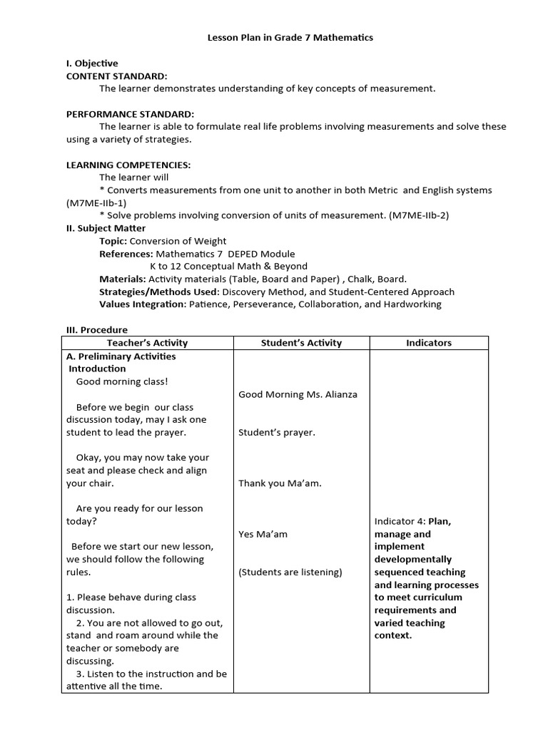 Lesson Plan in Grade 7 Mathematics 4 - Conversion of Weight | PDF ...