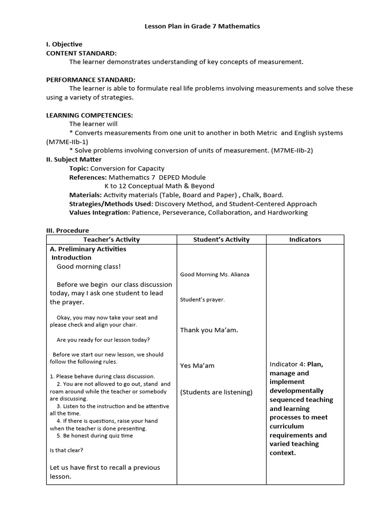 Grade 7 Math Lesson: Capacity Conversion | PDF | Learning | Lesson Plan