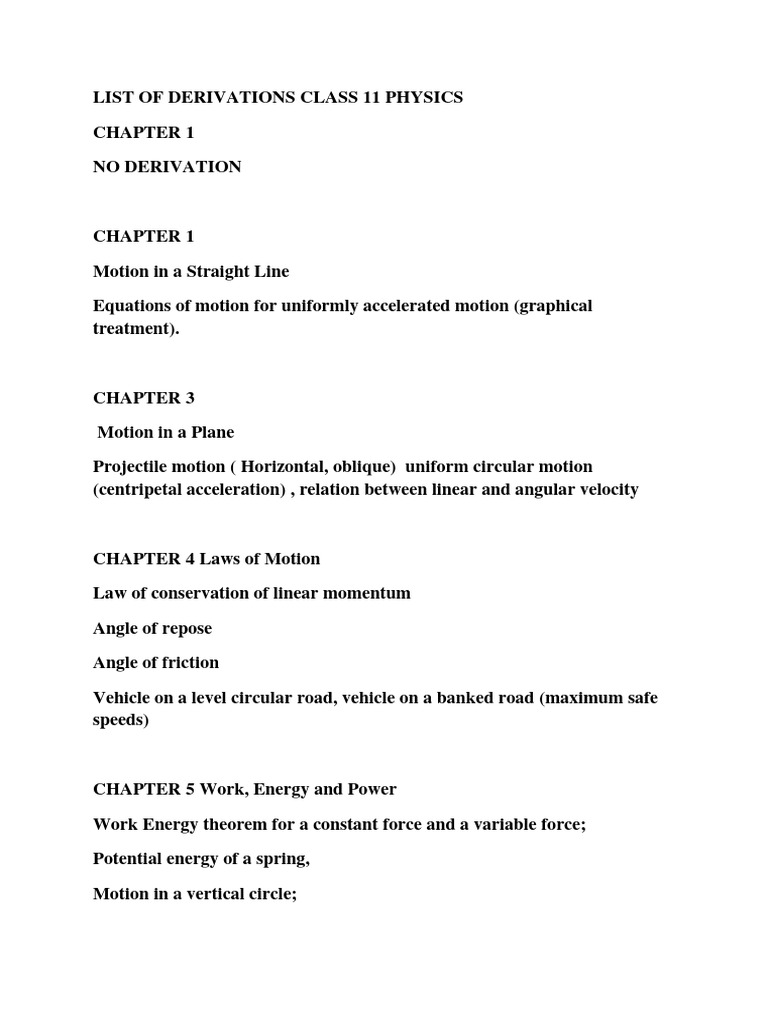 Class 11 Physics Derivations List | PDF