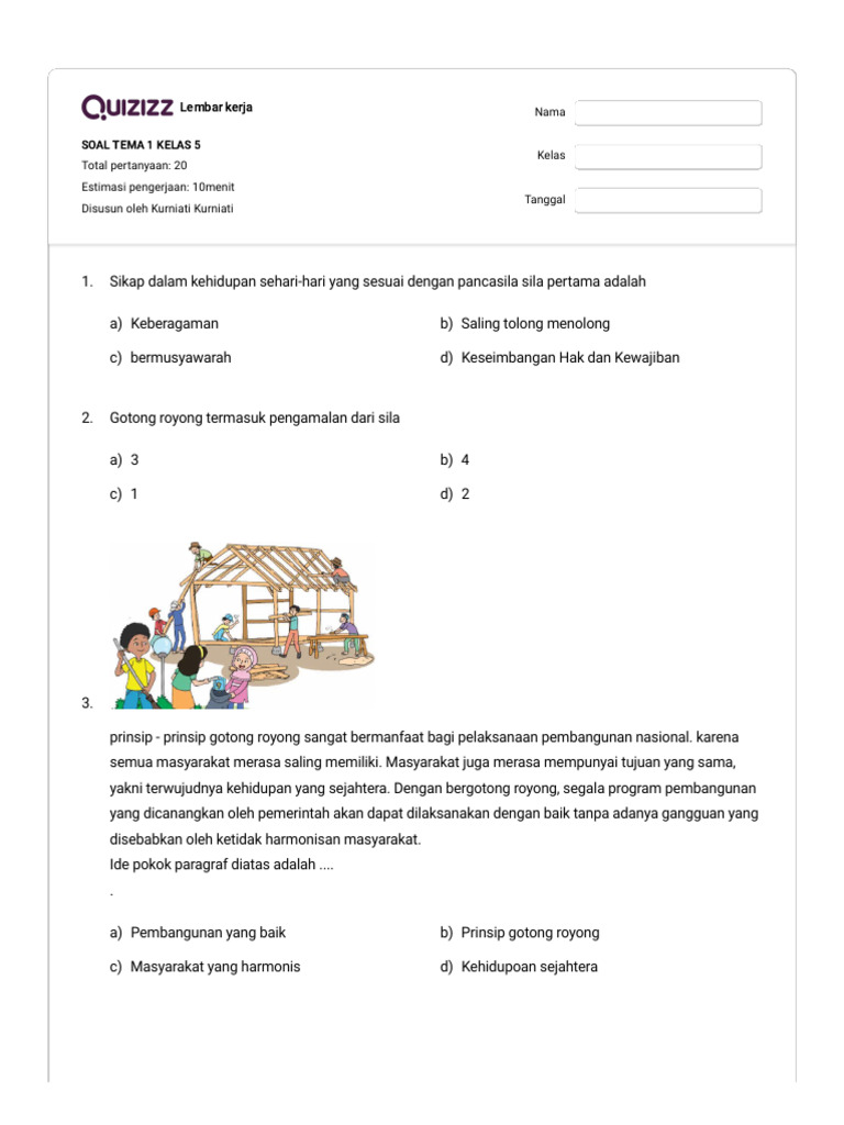 Soal Tema 1 Kelas 5 - Quizizz | PDF