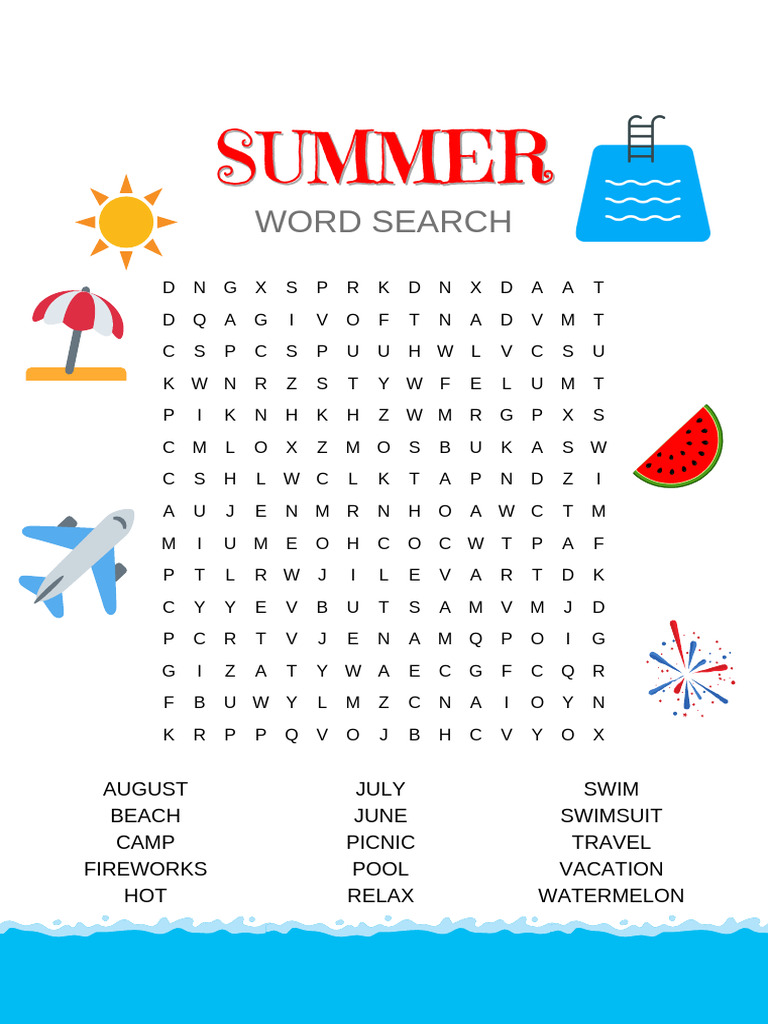 Colorful Summer Word Search Worksheet | PDF | Leisure Activities | Swimming
