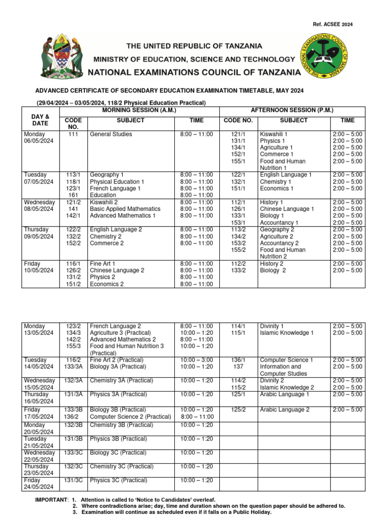 Time Table Form Vi 2024 Final | PDF