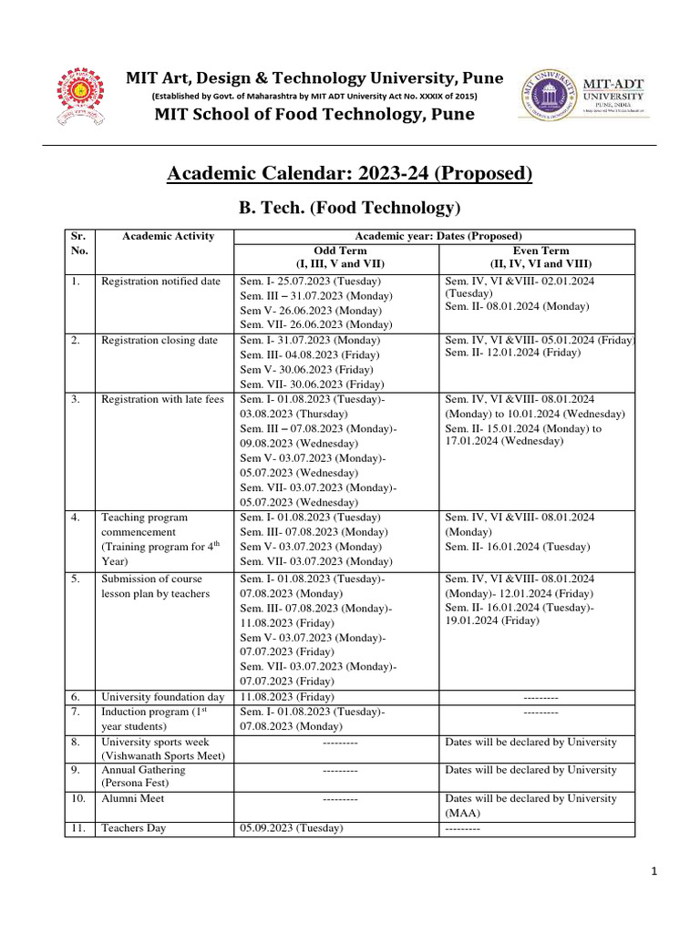 MITSoFT Academic Calendar B.tech 2023-24 | PDF | Academic Term | Schools