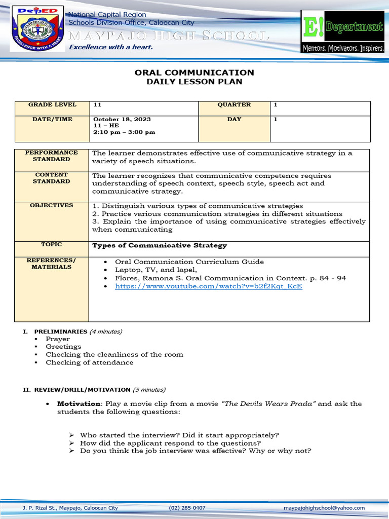 Cot 1 Lesson Plan Comminucative Strategy | PDF | Human Communication ...