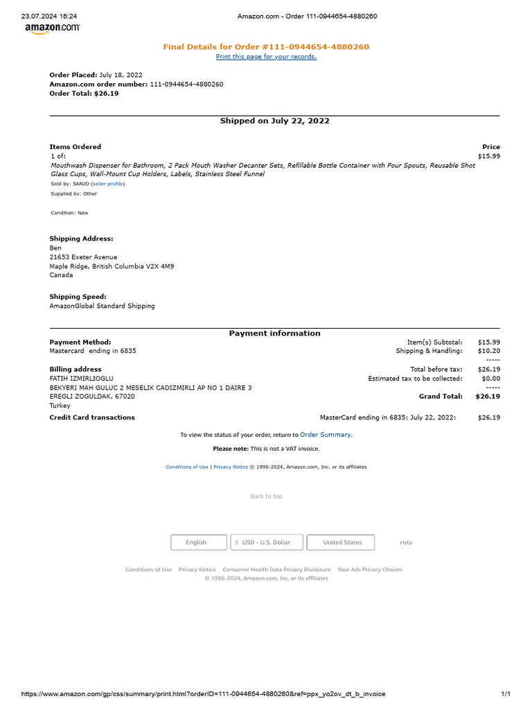 Amazon Order Summary #111-0944654 | PDF | Invoice | Payments