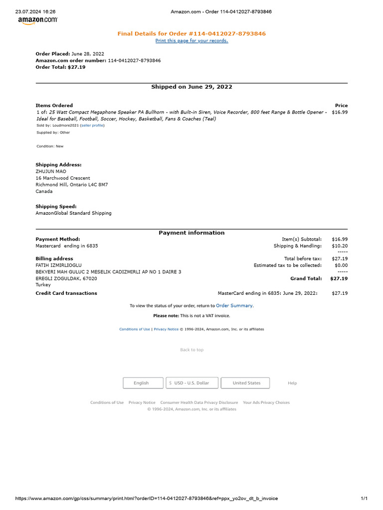 Order 114-0412027-8793846 | PDF | Invoice | Money