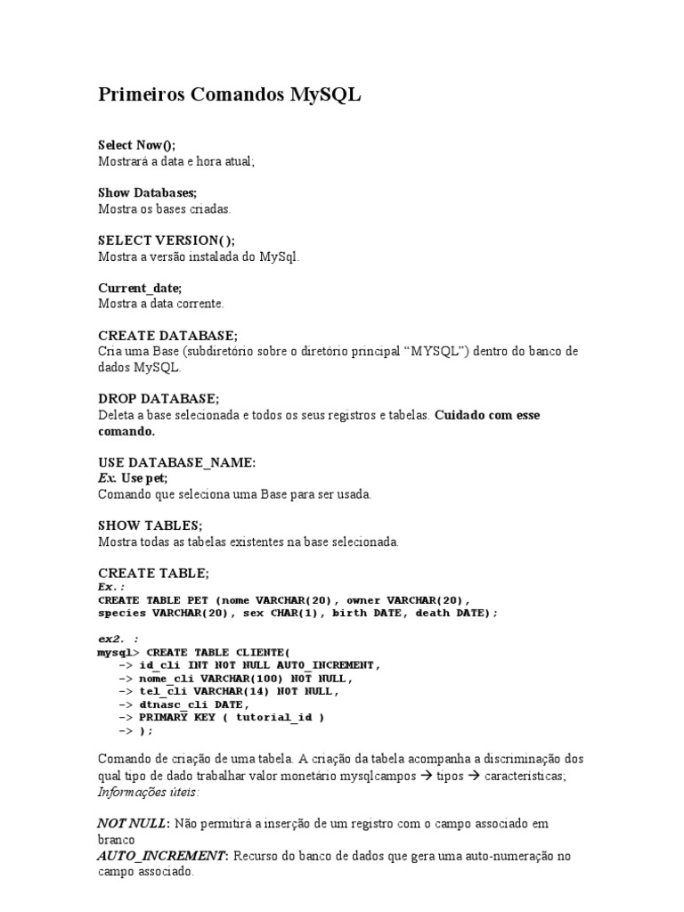Primeiros Comandos MySQL | PDF | Tabela (banco de dados) | Microsoft Access