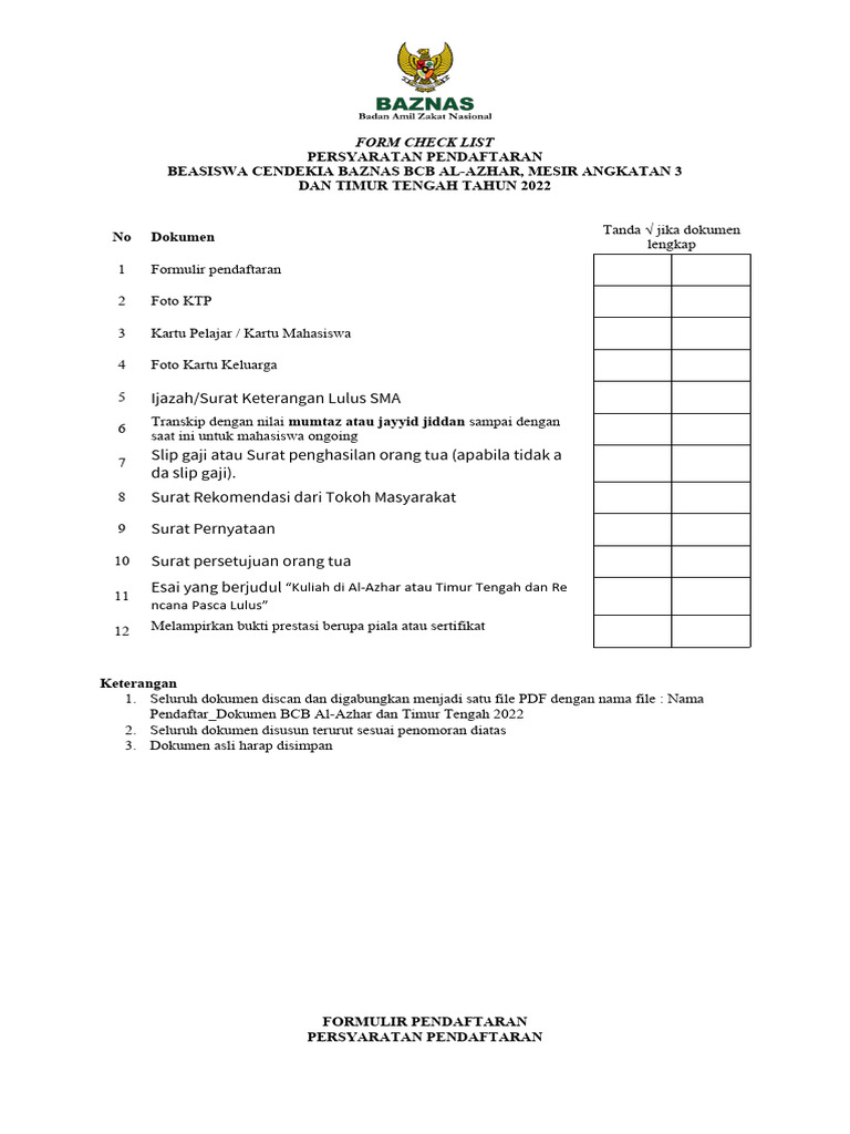 Format Word Form Checklist, Form Pendaftaran Dan Dokumen BCB Al-Azhar ...