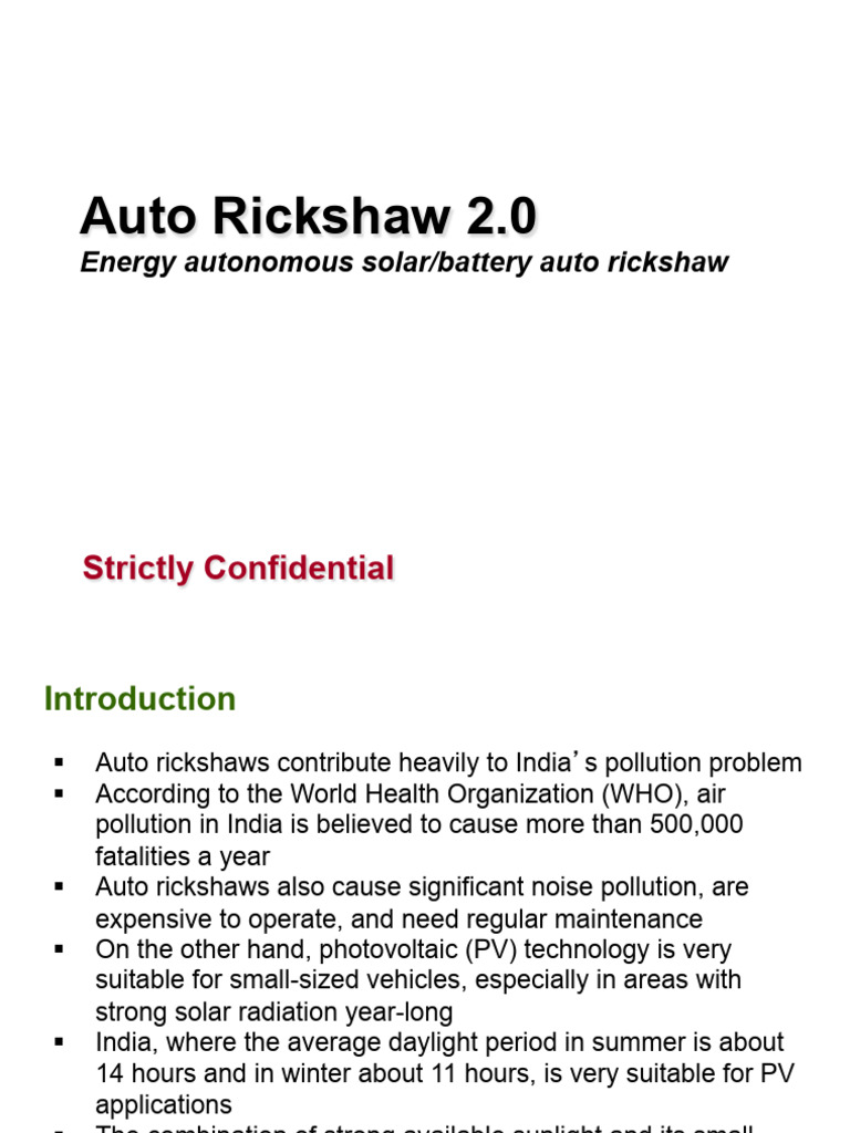 Auto Rickshaw 2.0 - Specifications | PDF | Electric Vehicle | Car