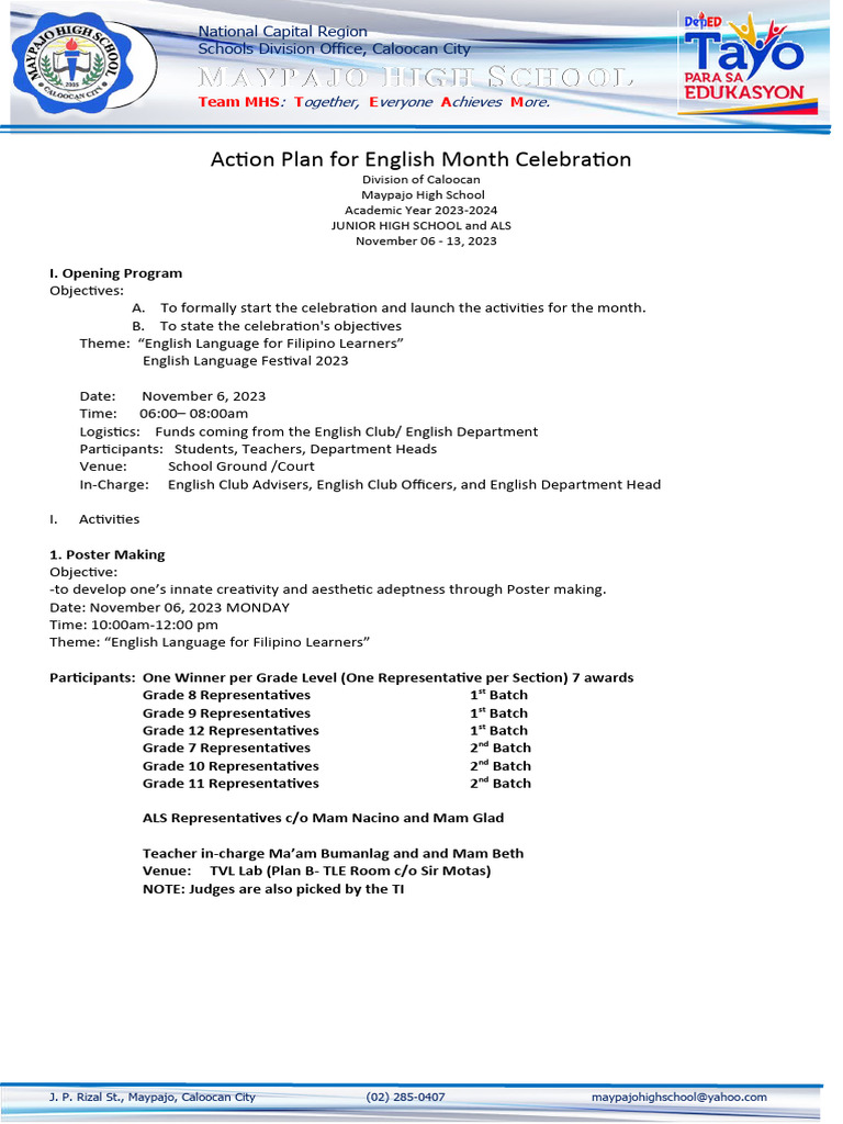 English Month Celebration Action Plan | PDF | Learning | Cognition