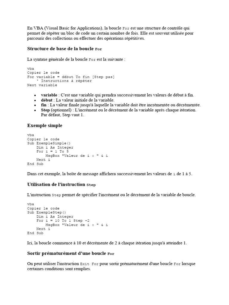 Boucles For et For Each en VBA | PDF | Visual Basic for Applications ...
