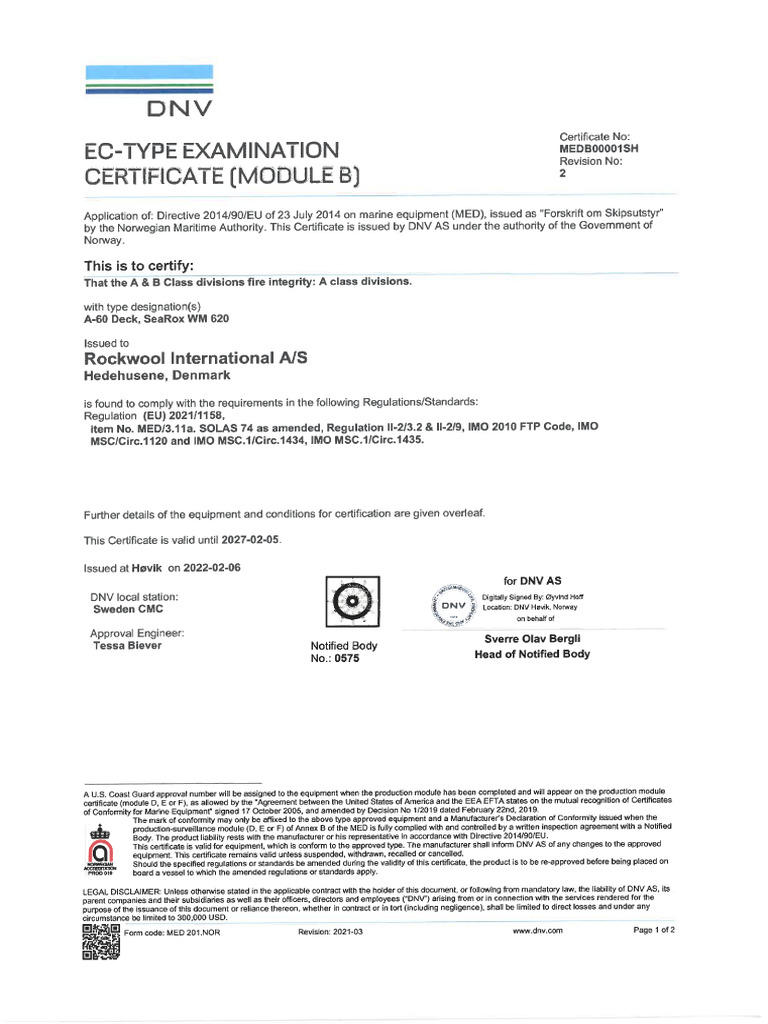 Rti Certificate Med Steel Deck A-60 Searox WM 620-45 45mm | PDF