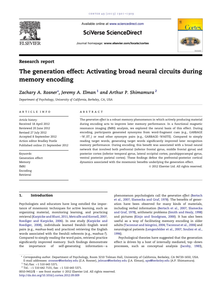 The Generation Effect - Activating Broad Neural Circuits During Memory Encoding (2013) | PDF ...