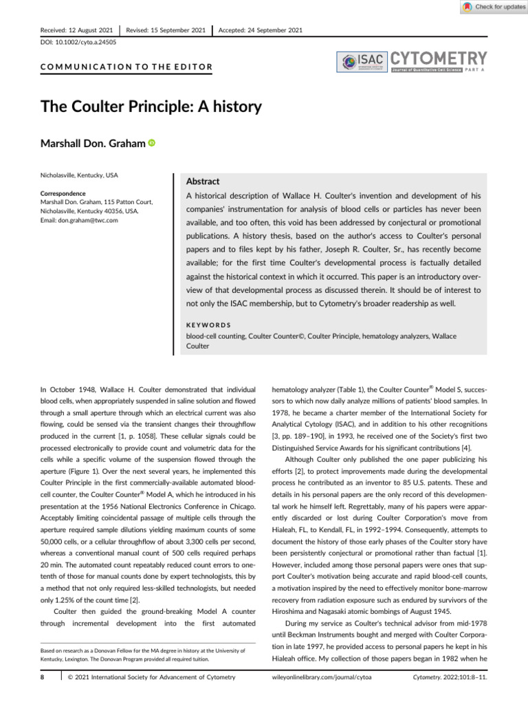 History of the Coulter Principle | PDF | Tissue (Biology) | Blood