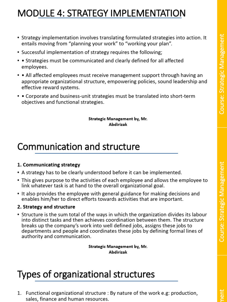 Module 4 STRATEGY IMPLEMENTATION | PDF | Strategic Management | Organizational Structure