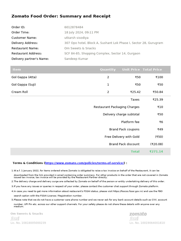 Zomato Food Order: Summary and Receipt: Item Quantity Unit Price Total ...