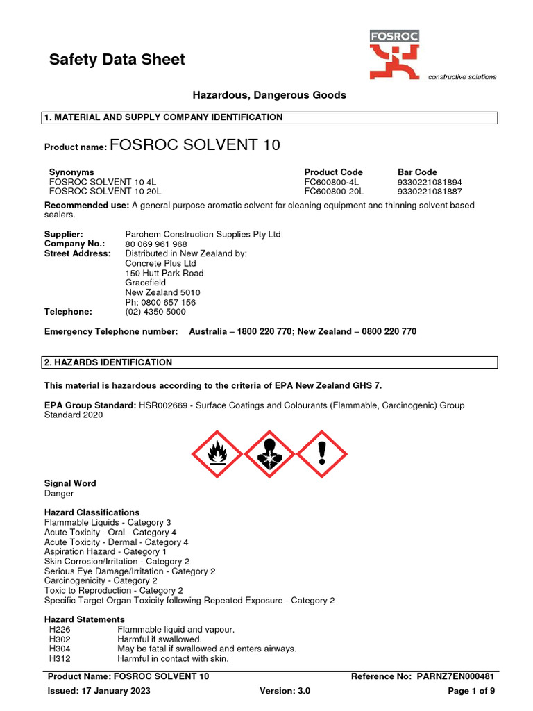 Fosroc Solvent 10-Nz Sds | PDF | Personal Protective Equipment | Toxicity