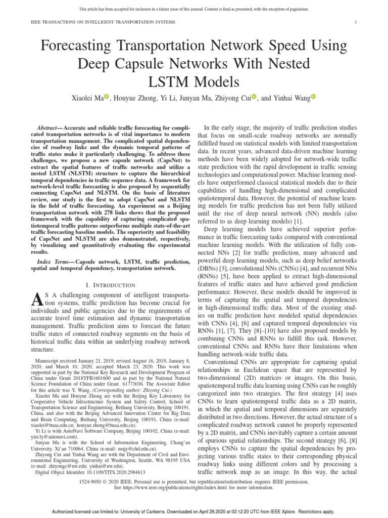 Forecasting Transportation Network Speed Using Deep Capsule Networks With Nested LSTM Models ...