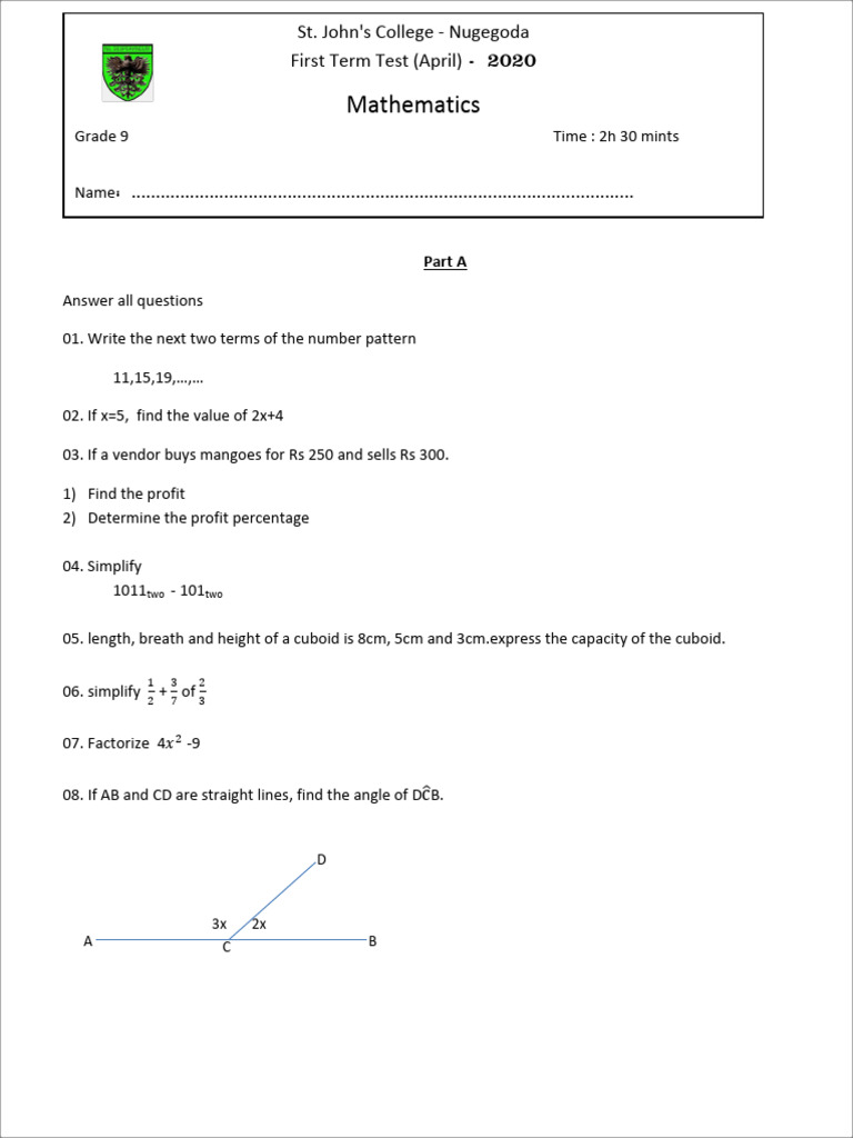 2020 Grade 09 Maths First Term Paper English Medium St. Johns College | PDF | Area | Mathematics