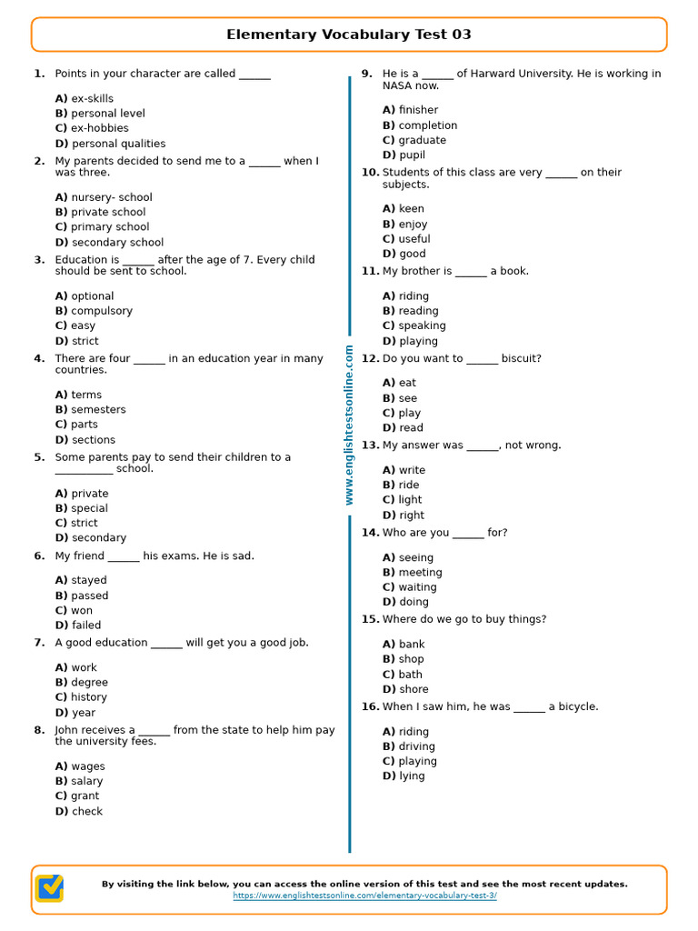 1616 - Elementary Vocabulary Test 03 | PDF | Schools