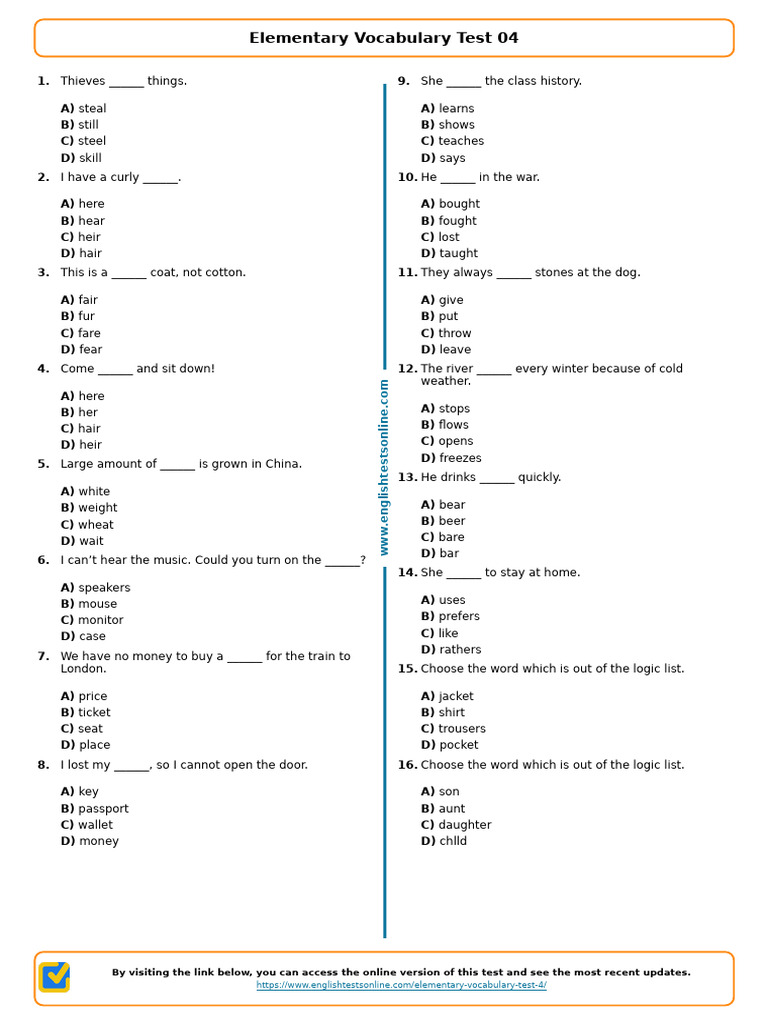 1617 - Elementary Vocabulary Test 04 | PDF | Fashion | Clothing