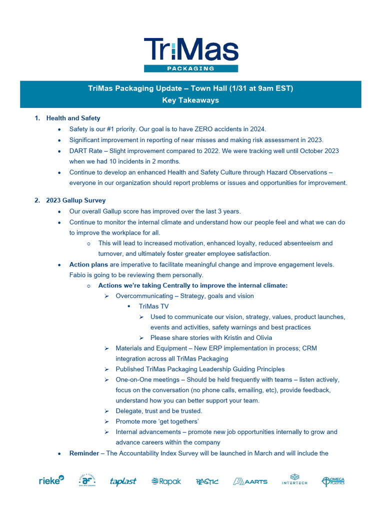 1 31 2024 Trimas Packaging Town Hall Key Takeaways Pdf