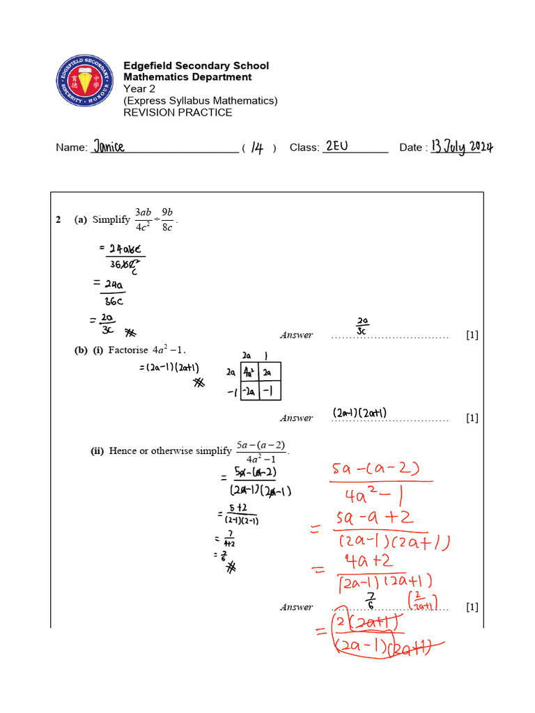 Year 2 Math Revision Practice | PDF | Mathematics | Mathematical Objects