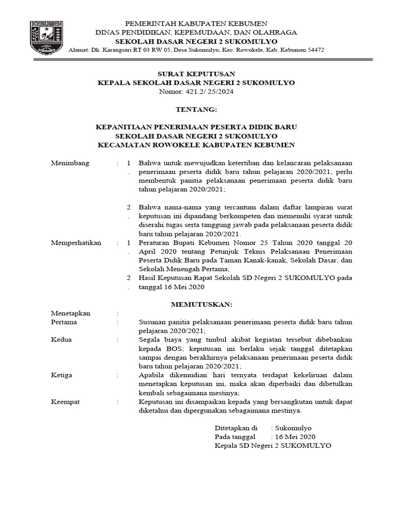 SK Panitia PPDB TP 2024-2025 SUKO 2 | PDF