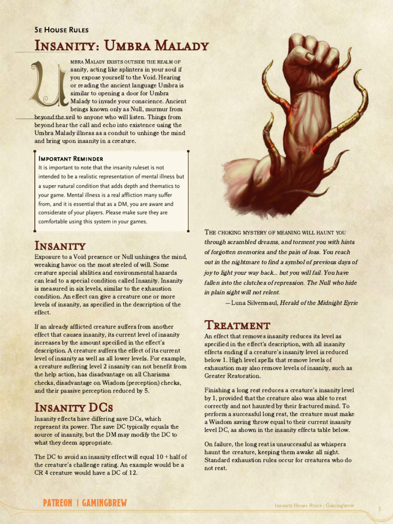 Insanity Rules for 5E Gaming | PDF | Self-Improvement