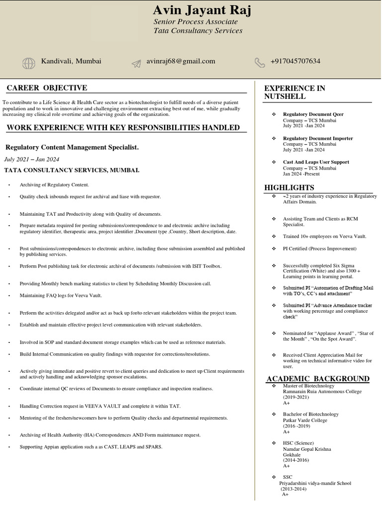 Avin Raj Resume - 2024 PDF | PDF