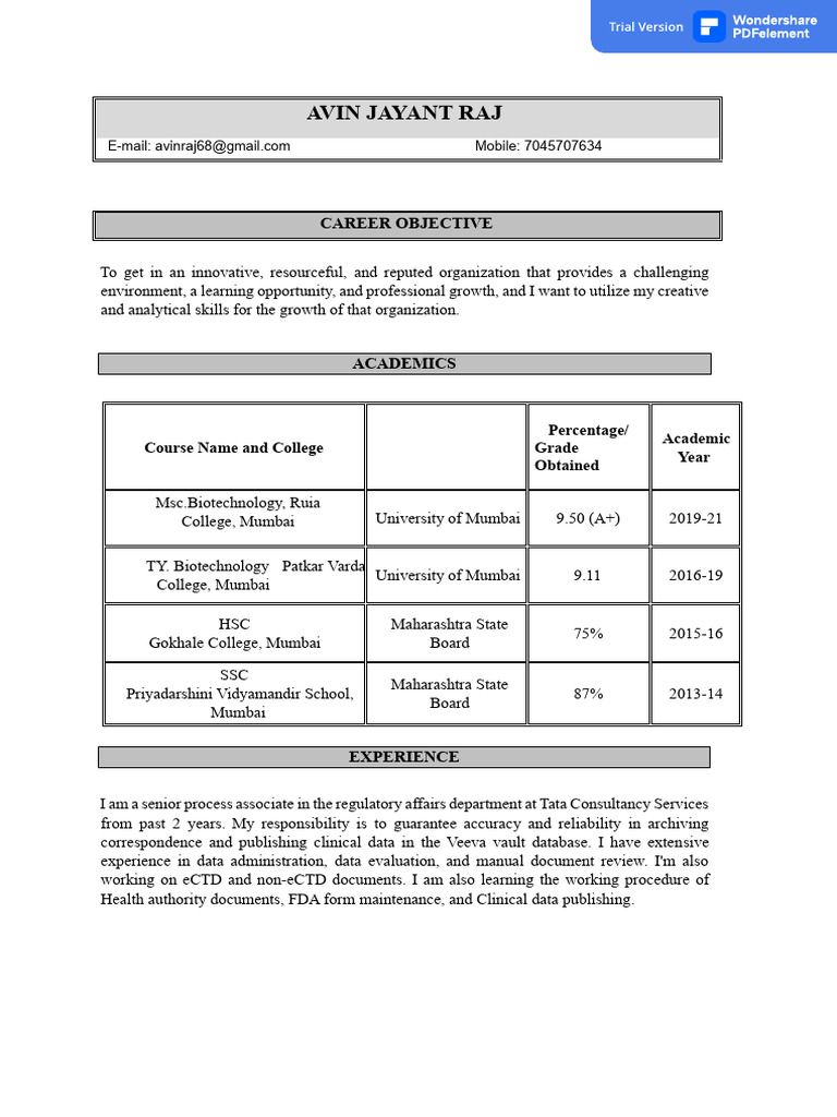 Avin Raj Resume | PDF | Mumbai