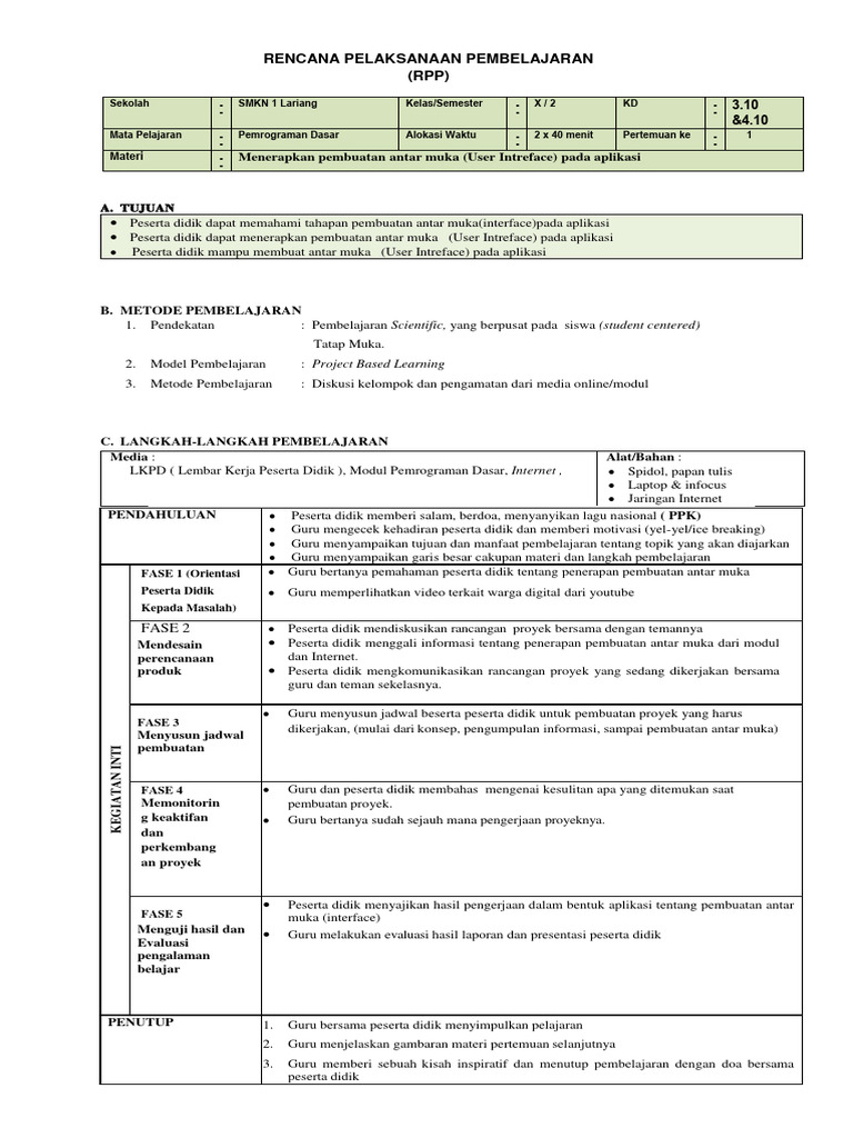 RPP Pemrograman Dasar: Antarmuka Aplikasi | PDF