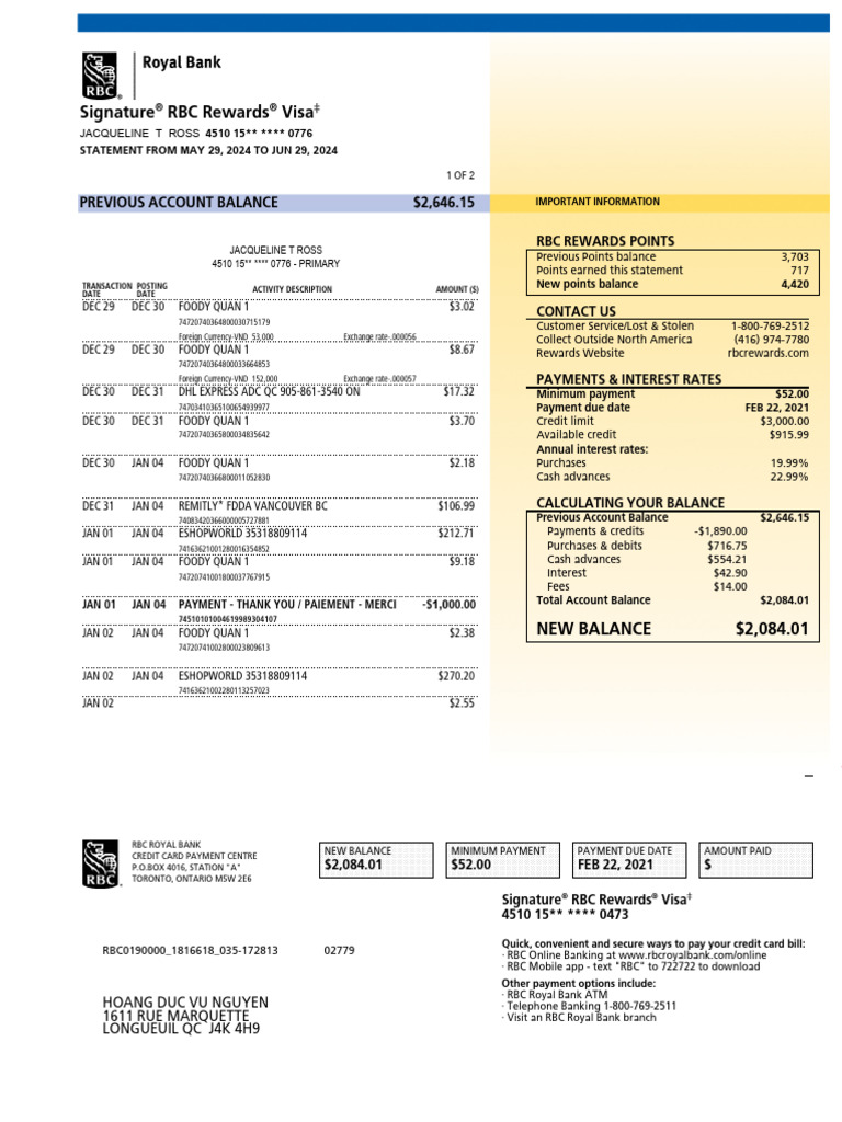 RBC Visa Ross - Jacqu | PDF | Credit Card | Payments