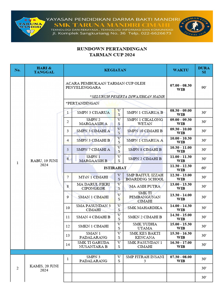 Rundown Pertandingan Tarman Cup | PDF