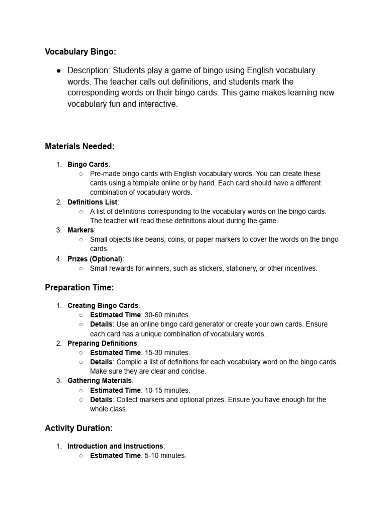 Vocabulary Bingo | PDF | Vocabulary | Cognitive Science