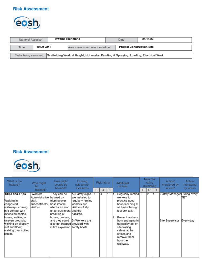EOSH-UK Risk Assessment Template | PDF | Fires | Welding