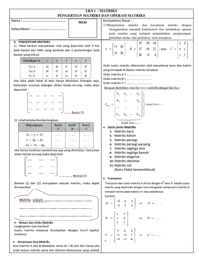 Pengertian dan Operasi Matriks Dasar | PDF | Metode & Bahan Ajar