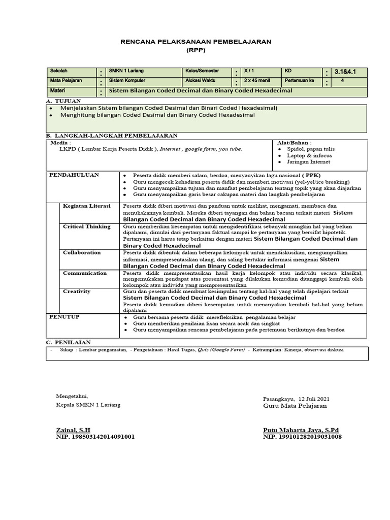 4 .RPP Sistem Bilangan Coded Decimal Dan Binary Coded Hexadecimal | PDF | Karier & Perkembangan