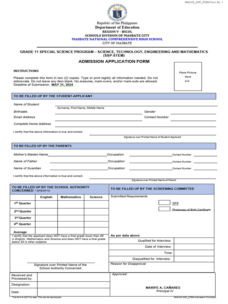 g11 SSP Stem Admission Application Form 2024 | PDF